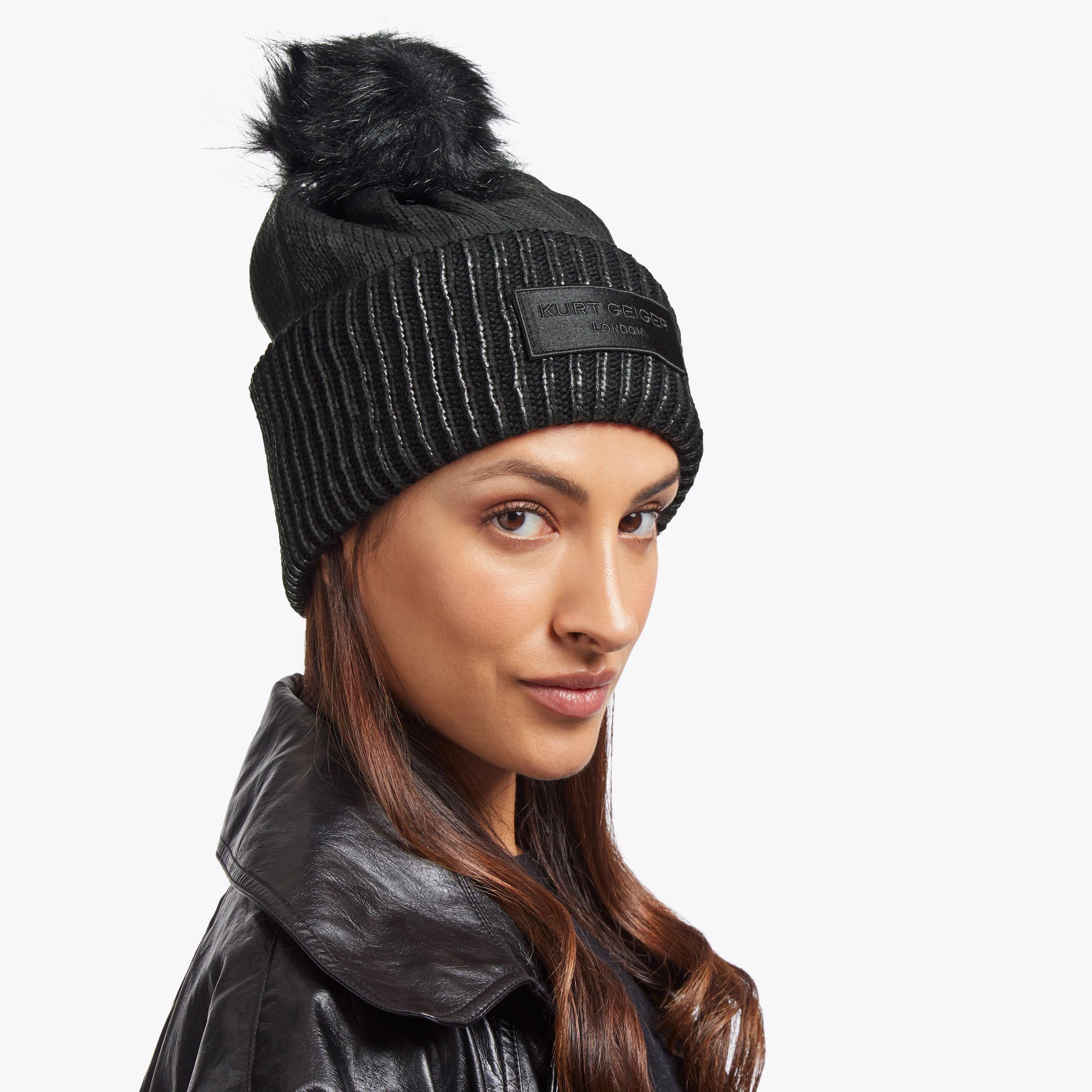METALLIC RIB BEANIE Black Metallic Beanie by KURT GEIGER LONDON