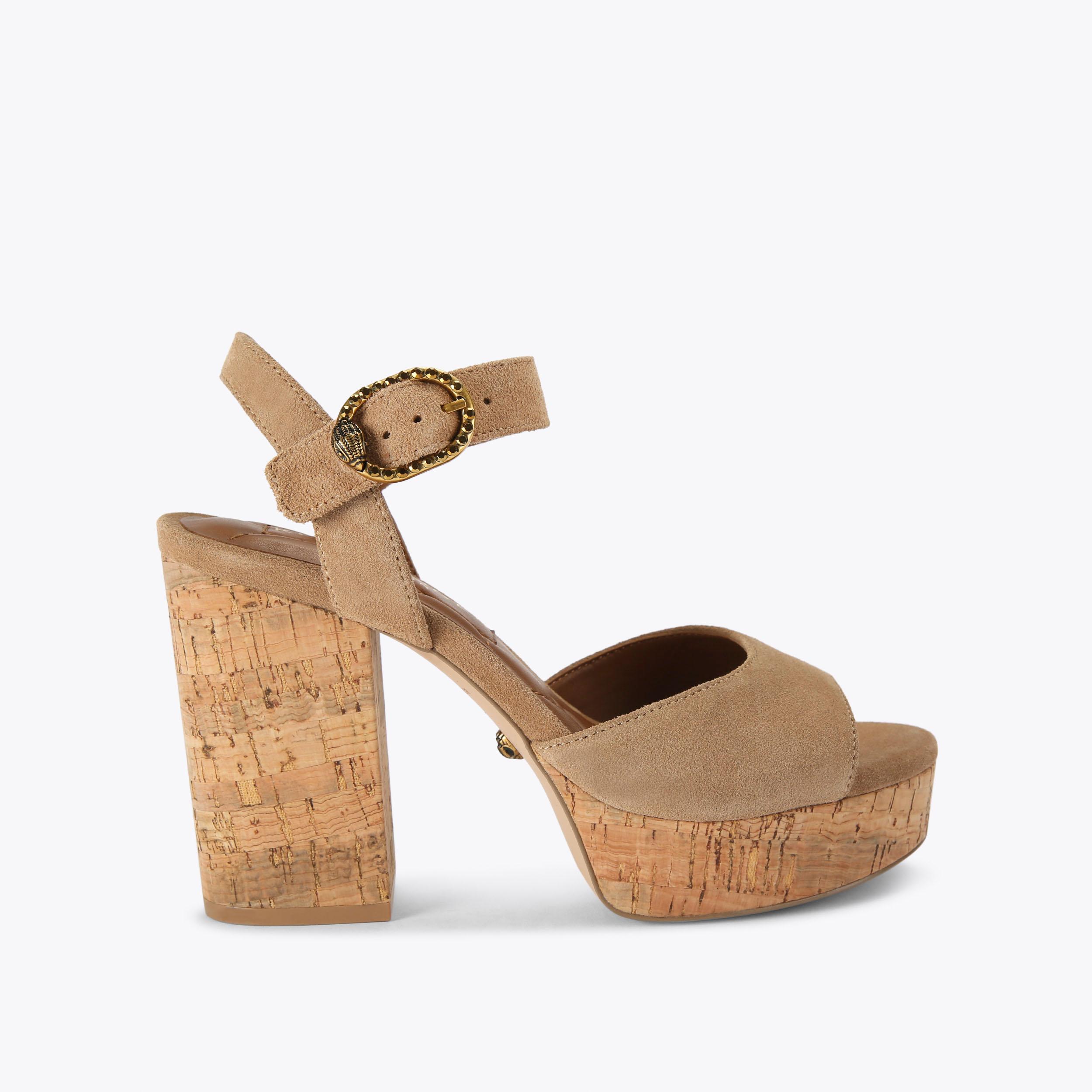 MAYFAIR CORK SANDAL Camel Suede Platform Heels by KURT GEIGER LONDON