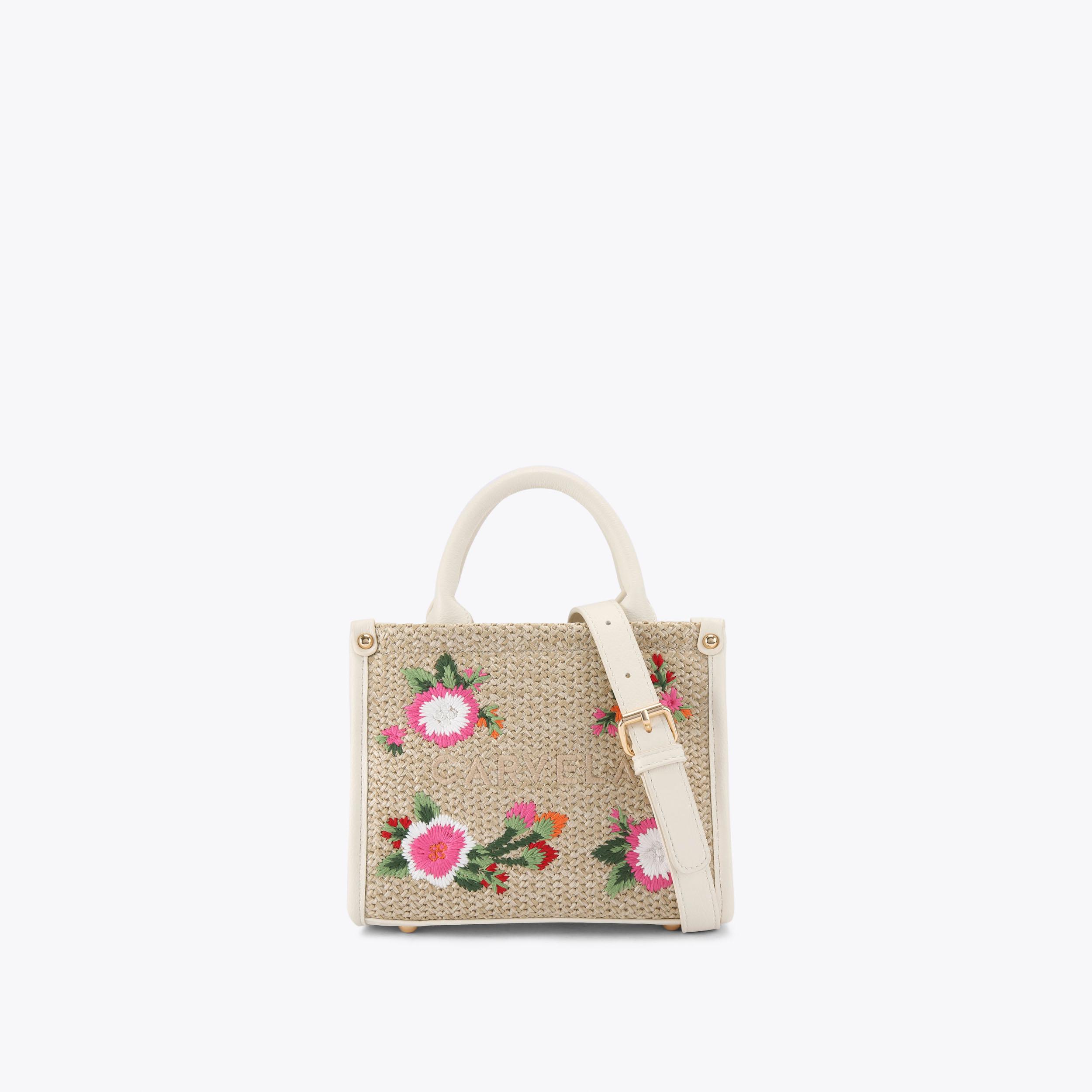 SORRENTO MICRO TOTE Natural Raffia Floral Micro Tote Bag by CARVELA