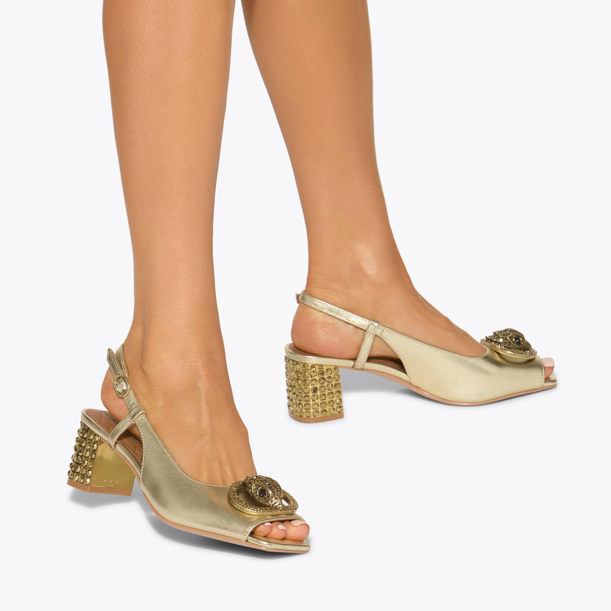 CHELSEA BLOCK SQ SLING Metallic Gold Slingback Heel by KURT GEIGER LONDON