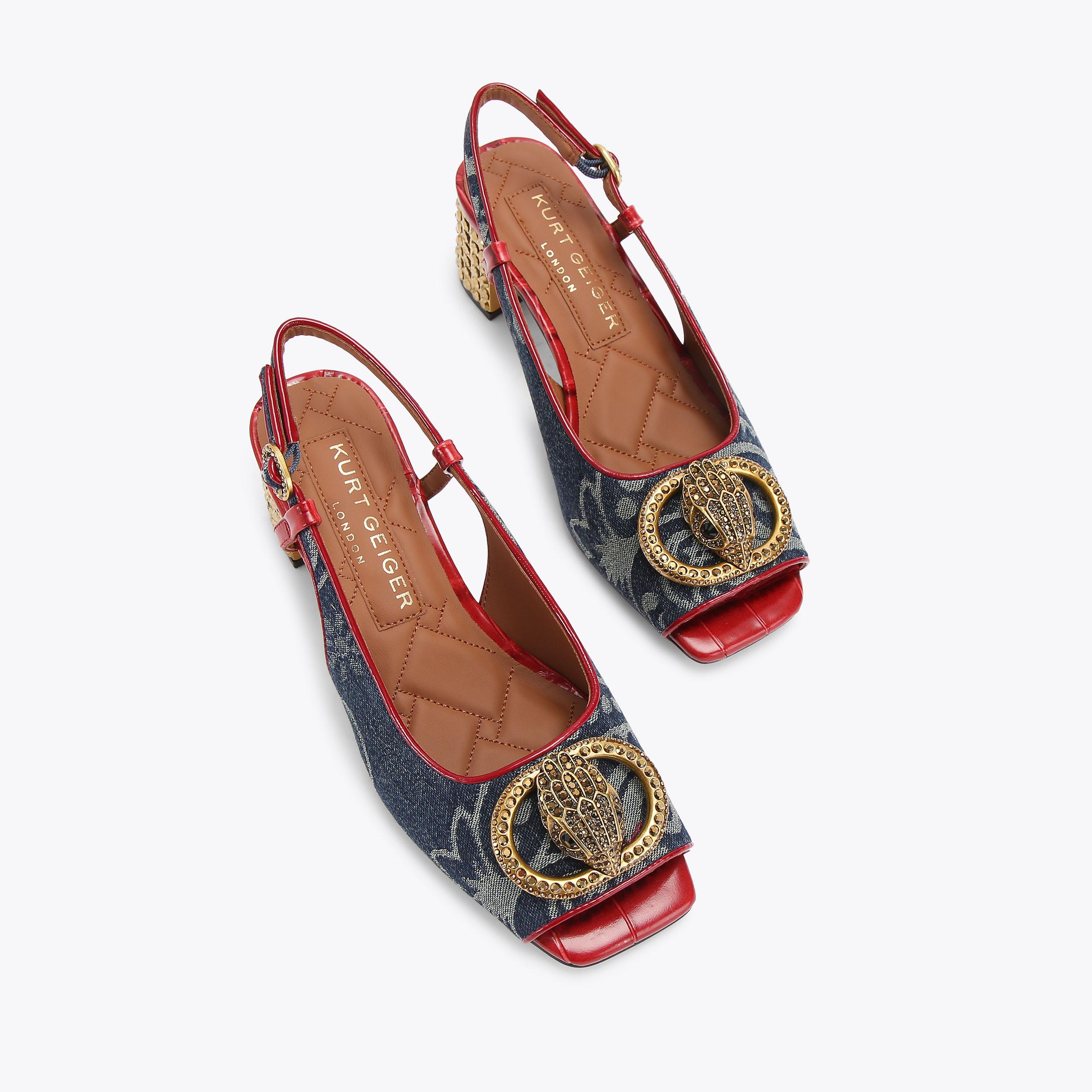CHELSEA BLOCK SQ SLING Paisley Denim Heel by KURT GEIGER LONDON
