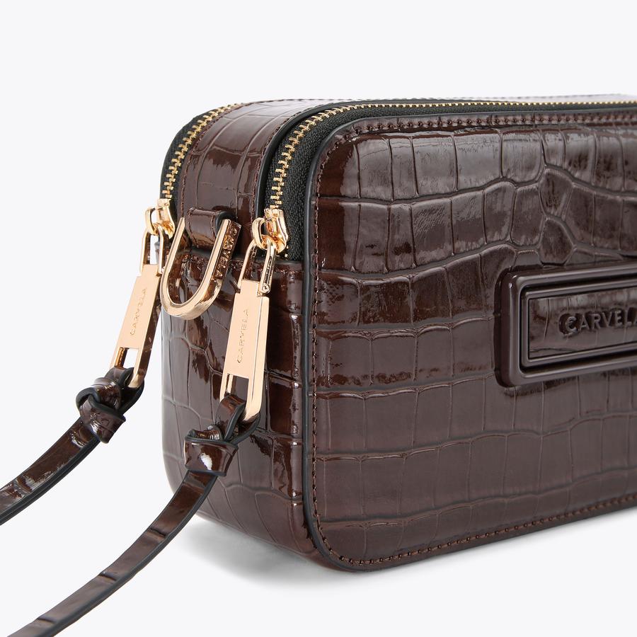 ROMA RECTANGLE CAMERA Brown Croc Print Cross Body Bag by CARVELA