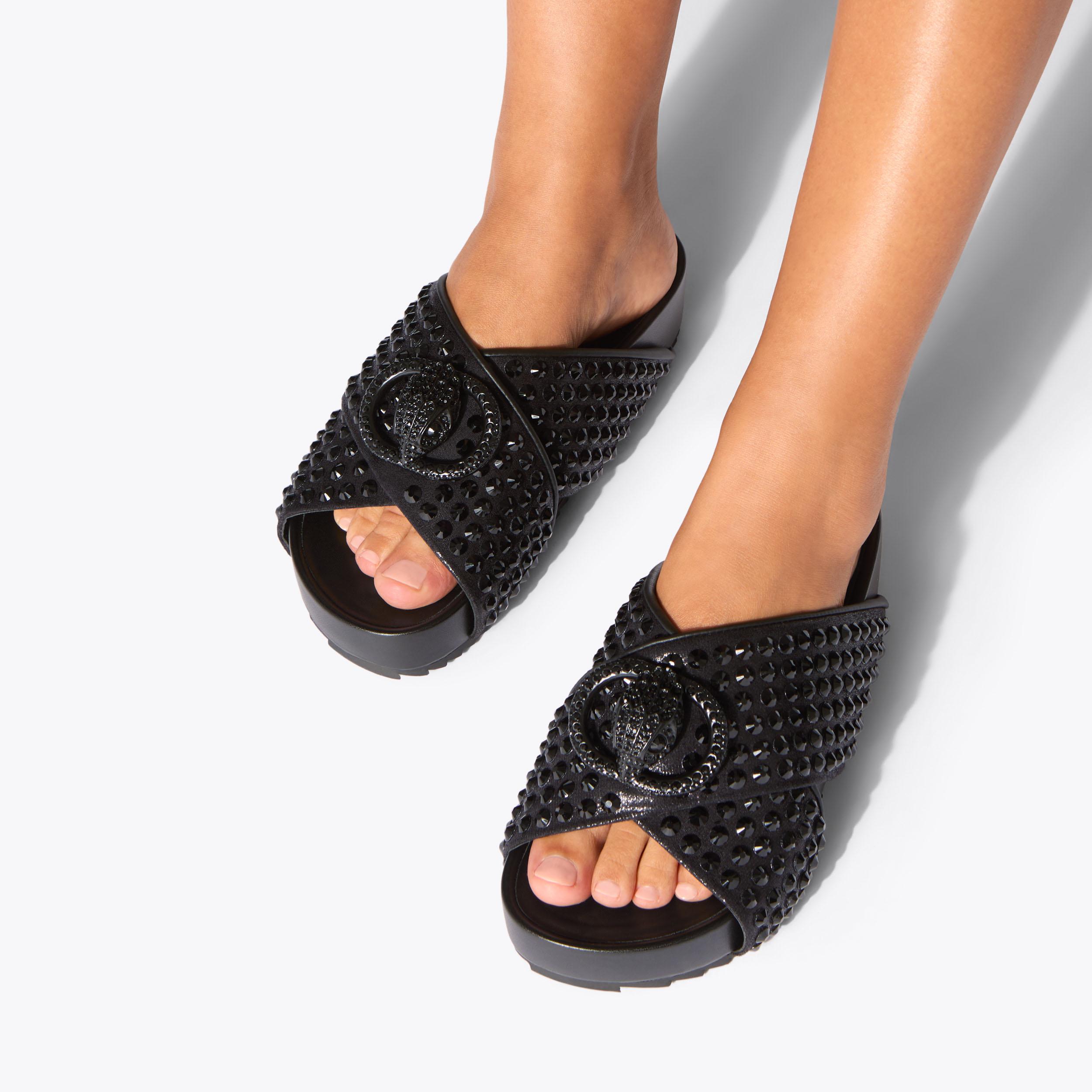 CHELSEA CROSS STRAP DR Black Crystal Slip On Sandals by KURT GEIGER LONDON