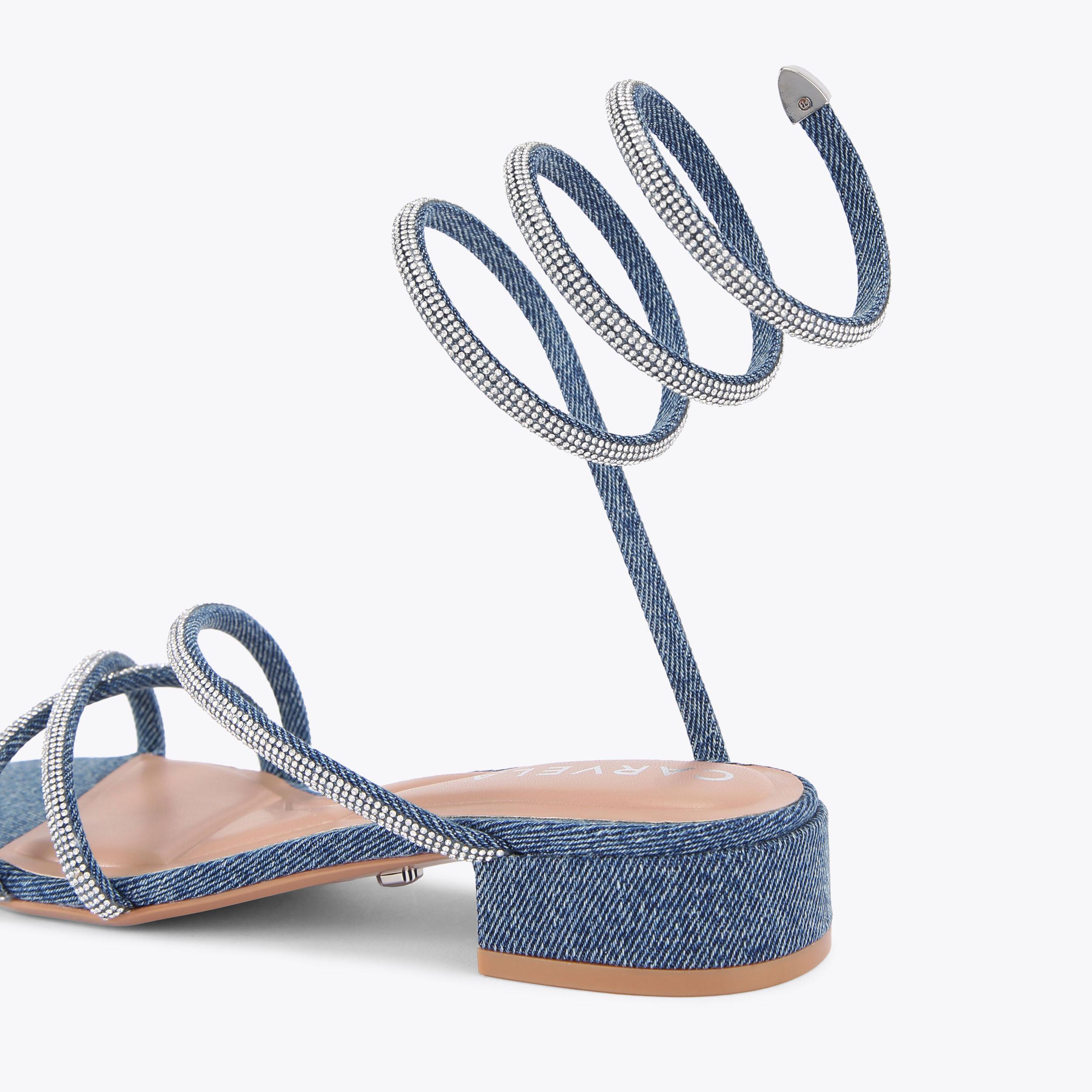 SPIRAL BLOCK SANDAL Denim Crystal Spiral Sandal by CARVELA