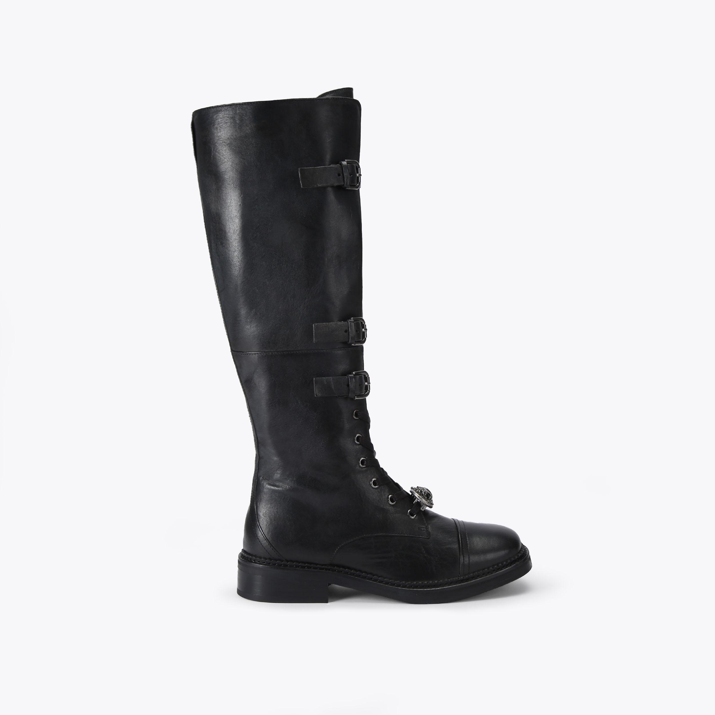 MONUMENT STRAP BOOT Black Leather Knee High Boot by KURT GEIGER LONDON