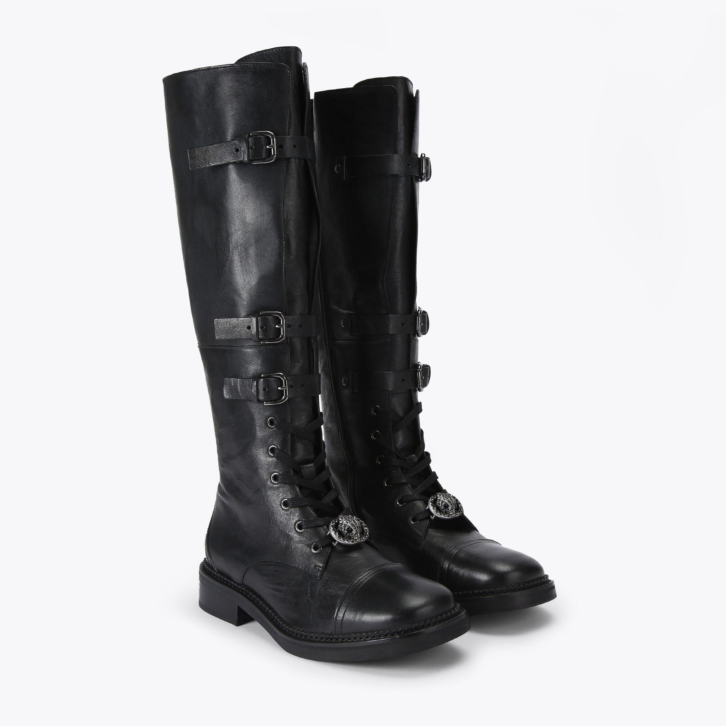 MONUMENT STRAP BOOT Black Leather Knee High Boot by KURT GEIGER LONDON