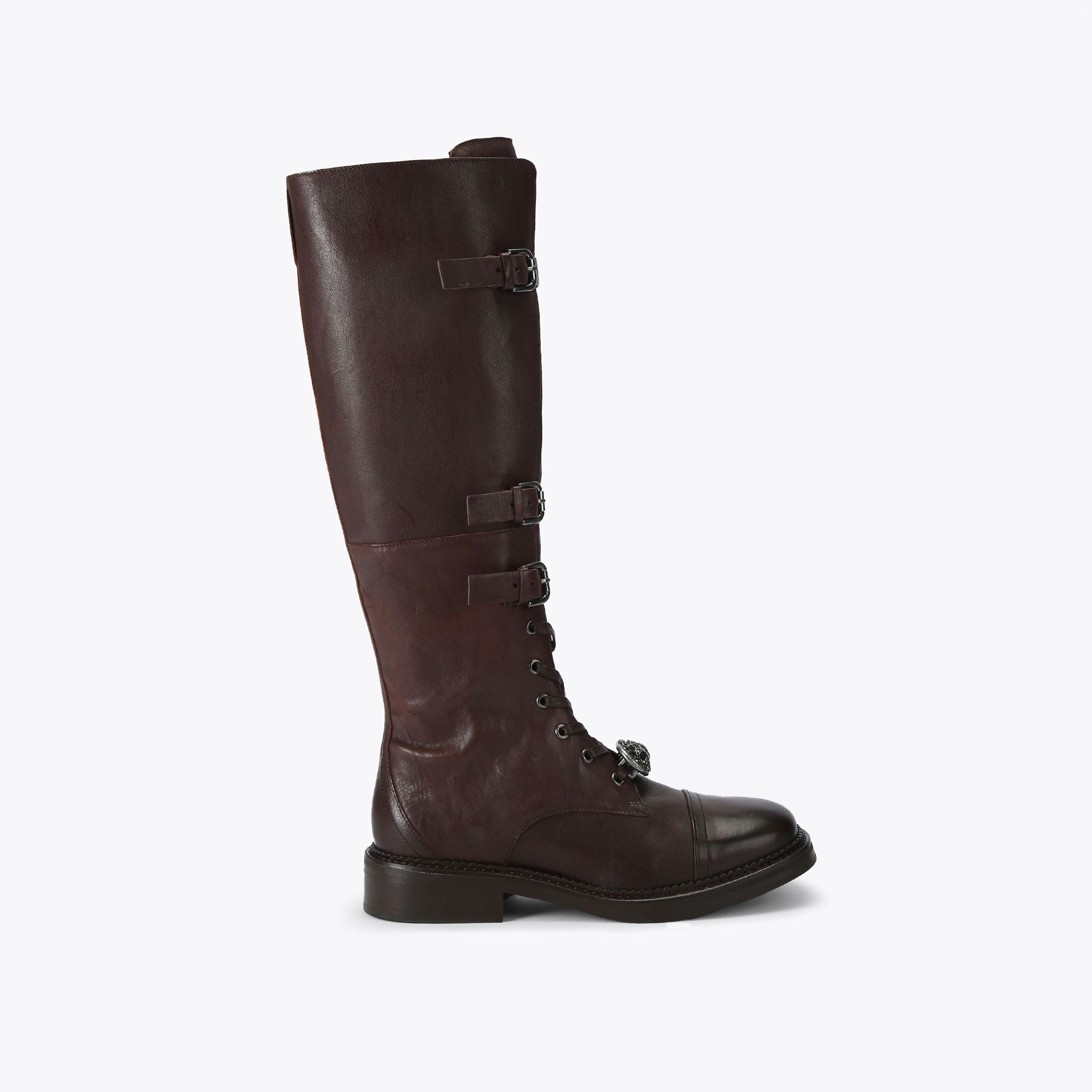 MONUMENT STRAP BOOT Brown Leather Knee High Boot by KURT GEIGER LONDON
