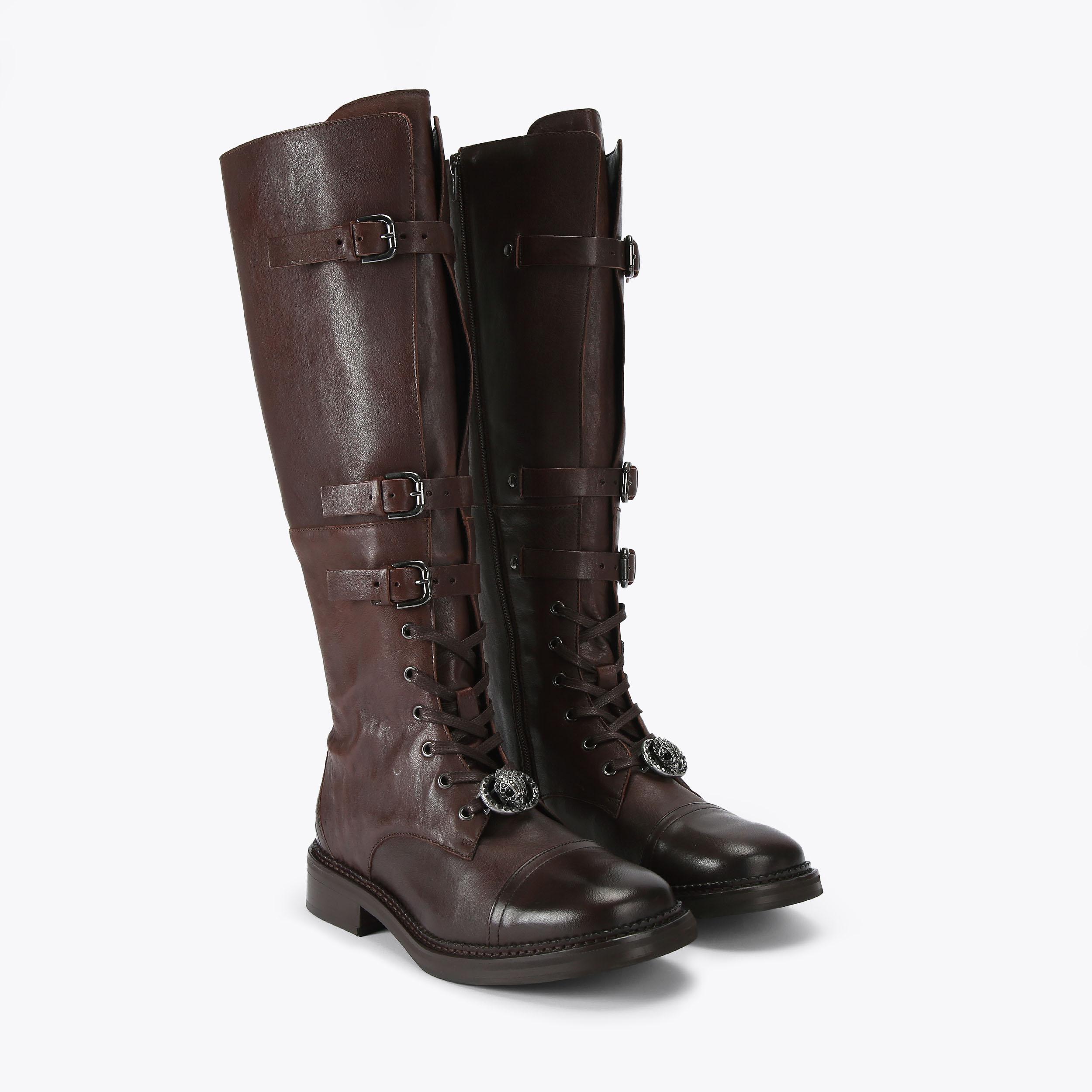 MONUMENT STRAP BOOT Brown Leather Knee High Boot by KURT GEIGER LONDON
