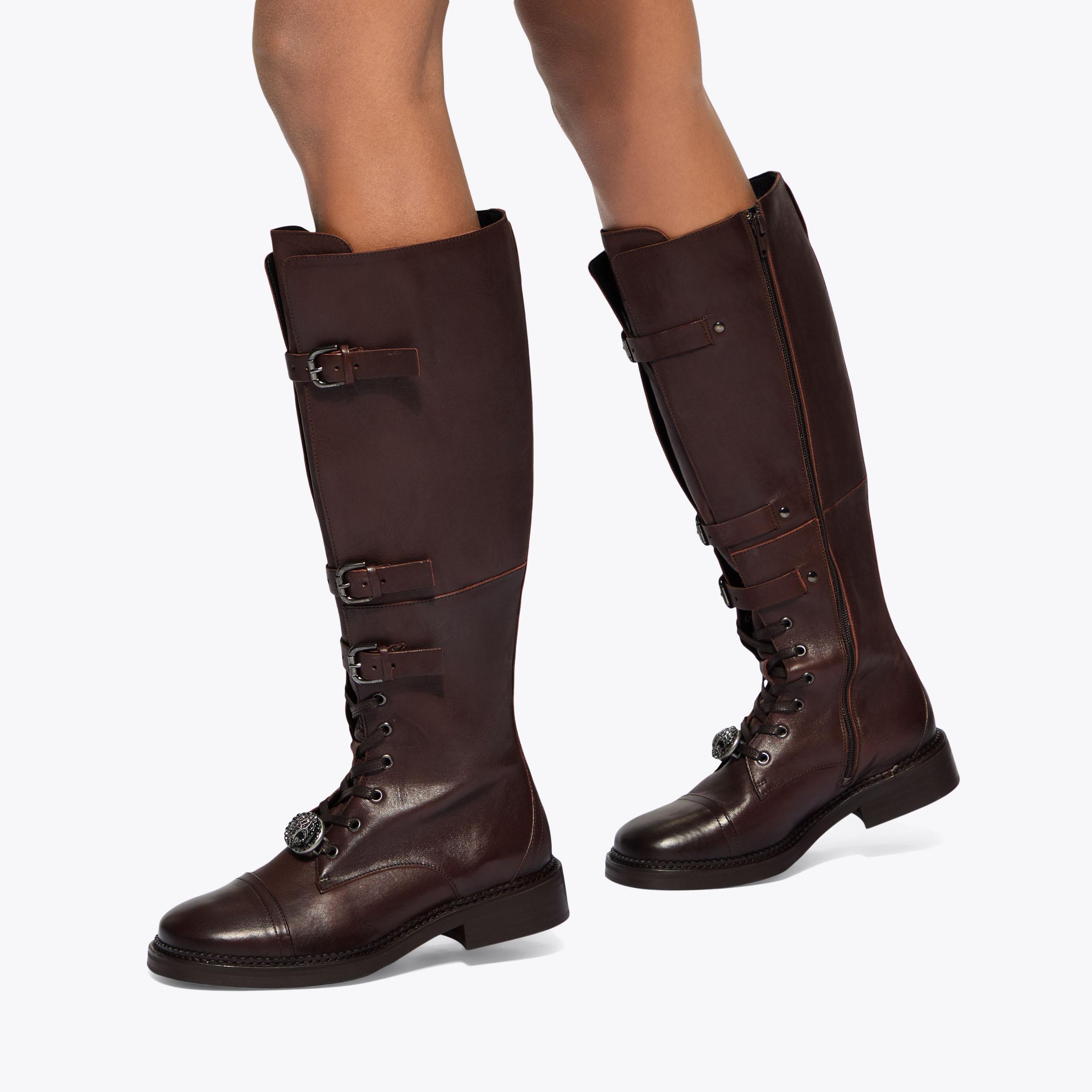 MONUMENT STRAP BOOT Brown Leather Knee High Boot by KURT GEIGER LONDON