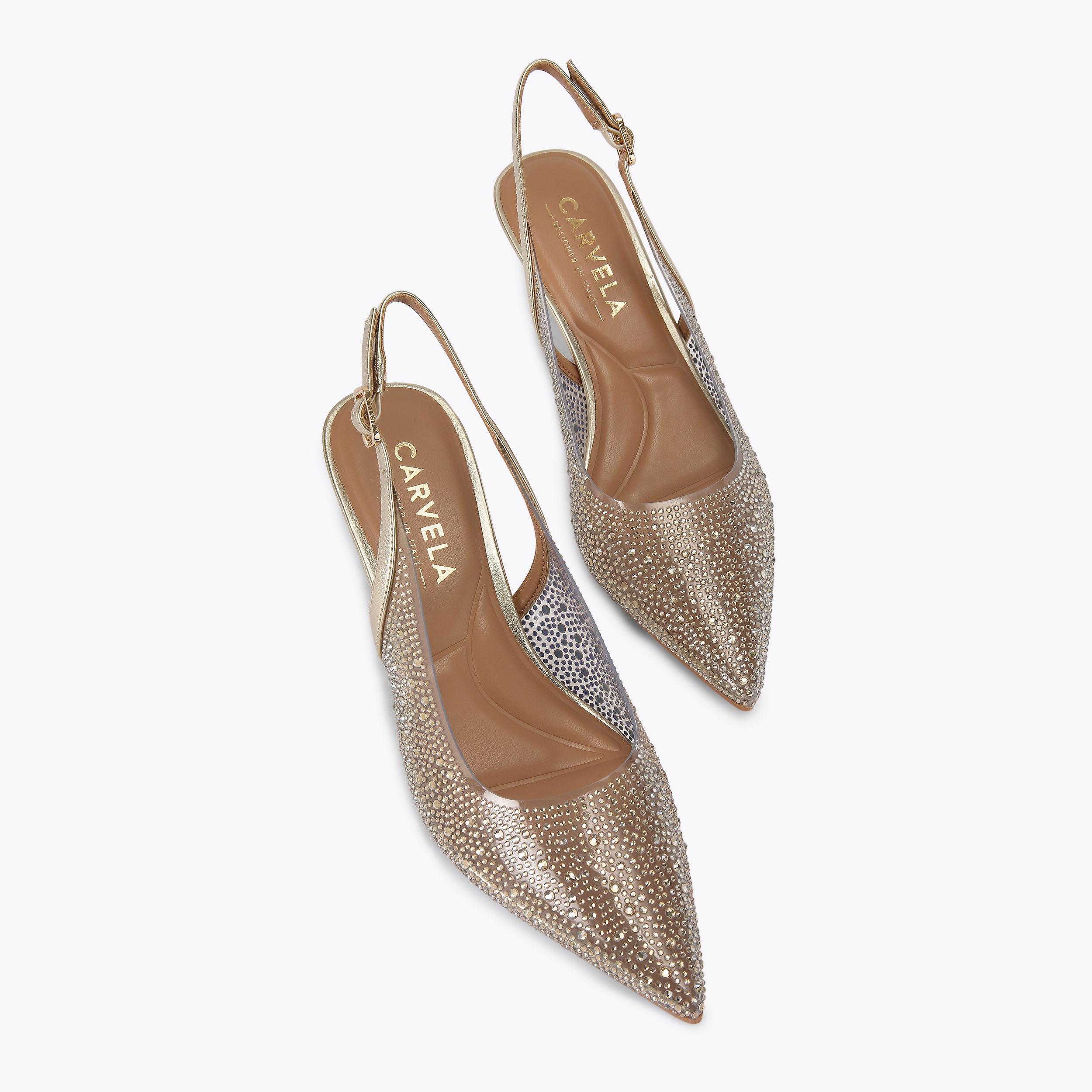 POSITANO VINYL SLING LOW Vinyl Silver Gold Heel by CARVELA