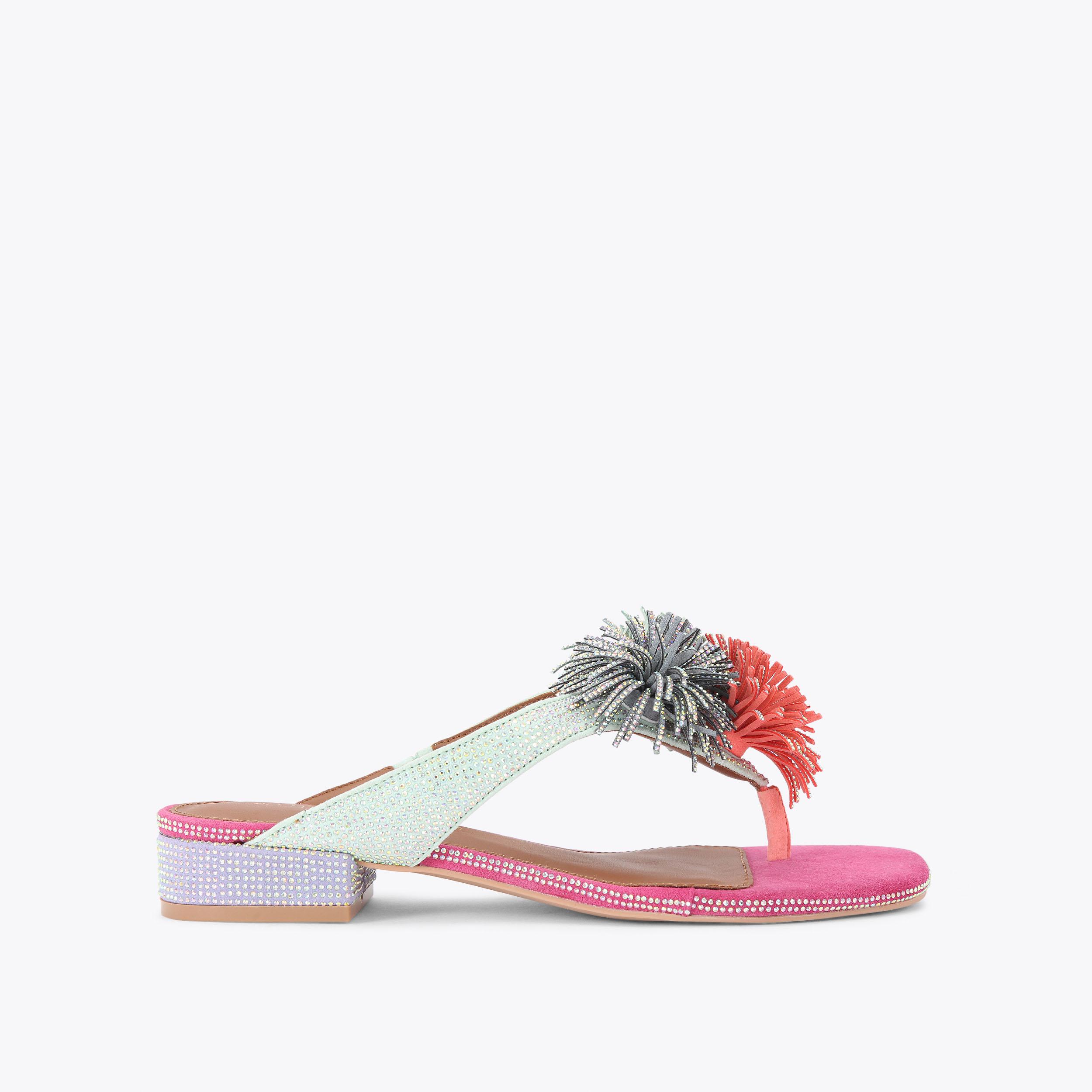 POM POM T-BAR FLAT SDL Green T-Bar Crystal Sandal by KURT GEIGER LONDON