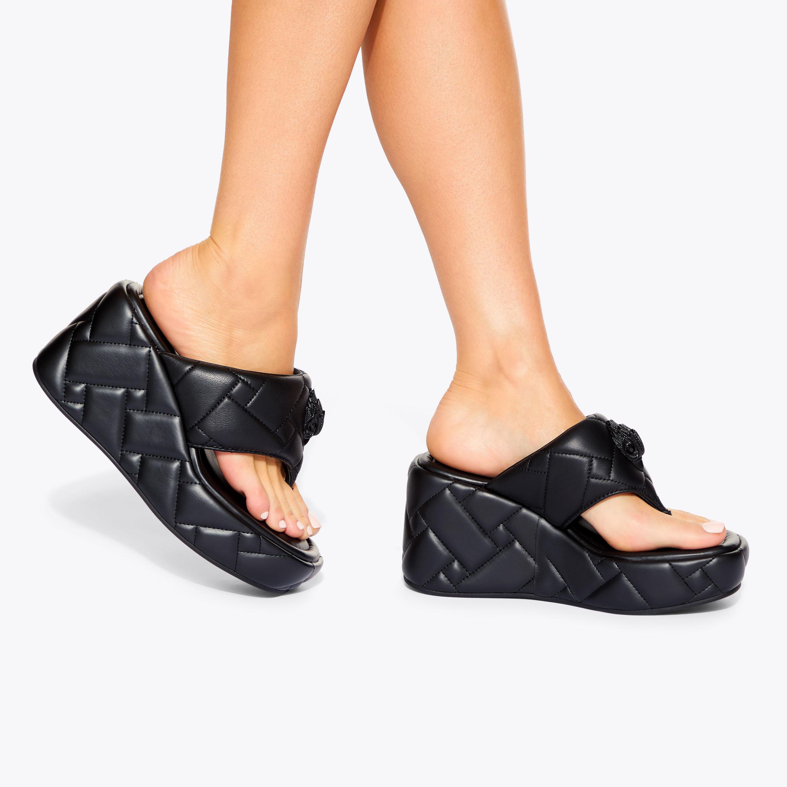 KENSINGTON PUFFTHONG WDG Black Padded T-Bar Wedge Sandal by KURT GEIGER ...