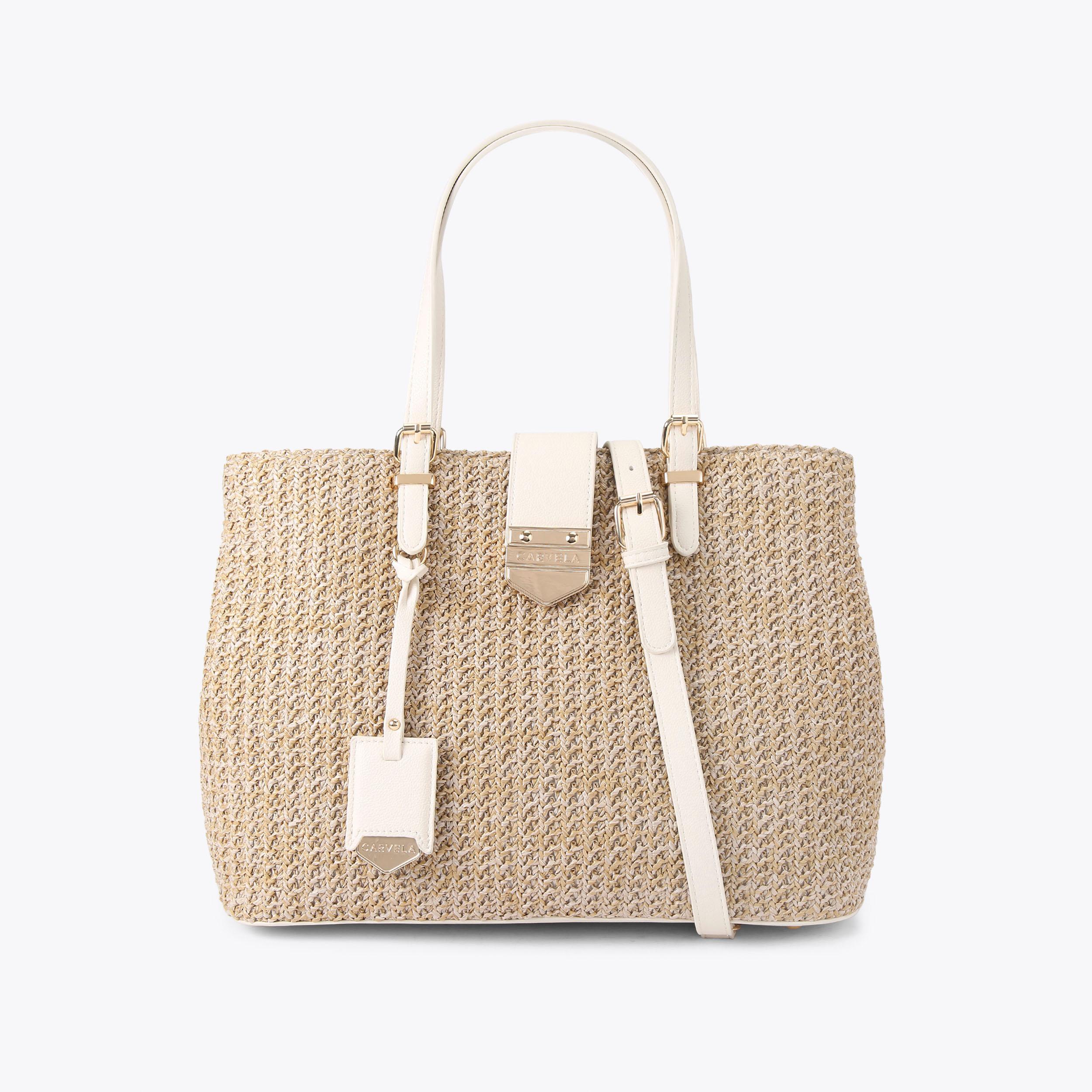 MARIA MIDI TOTE Natural Woven Raffia Tote Bag by CARVELA