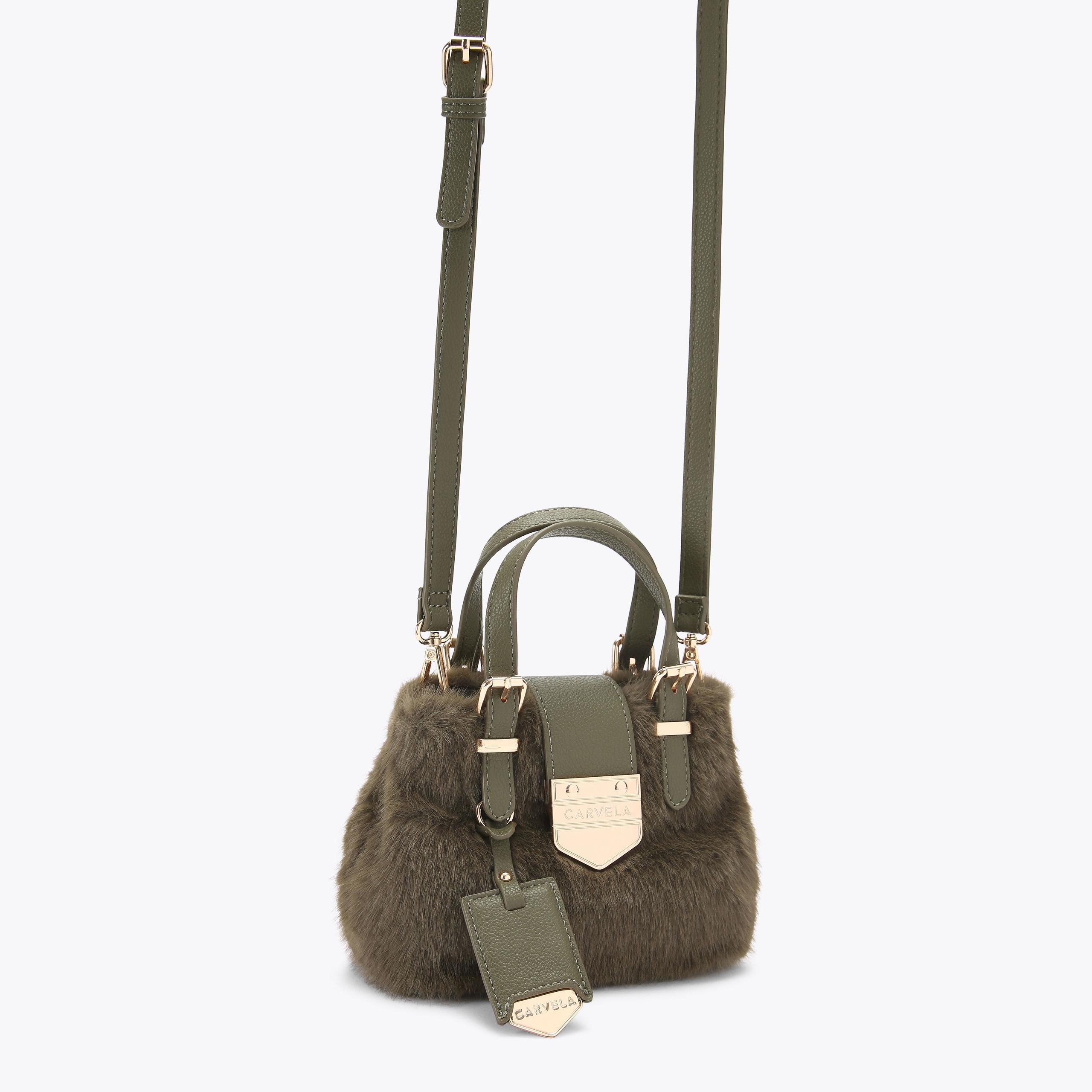 MARIA MICRO FUR Khaki Green Faux Fur Tote Bag by CARVELA
