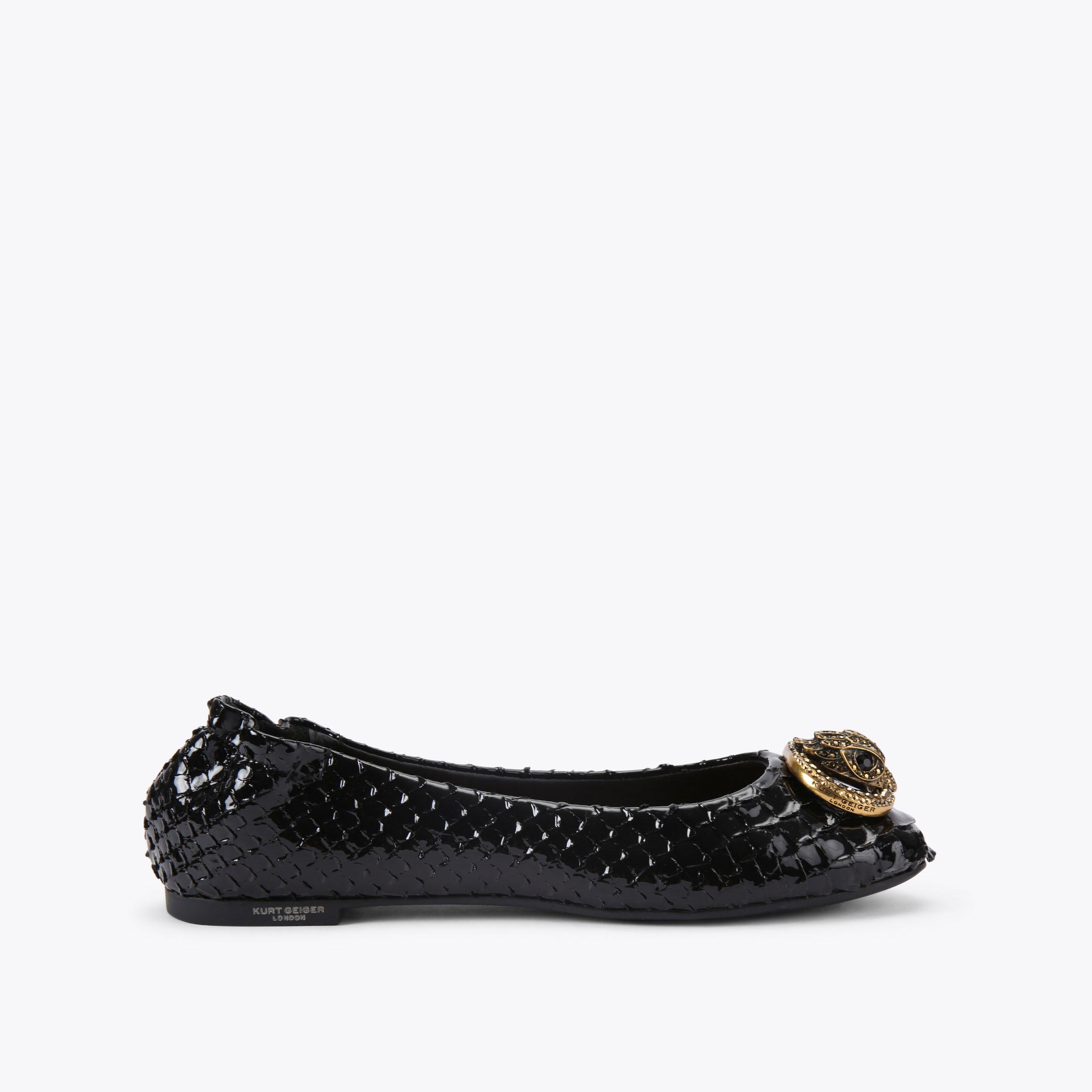CHELSEA BALLERINA Black 3D Embossed Snake Print Flats by KURT GEIGER LONDON