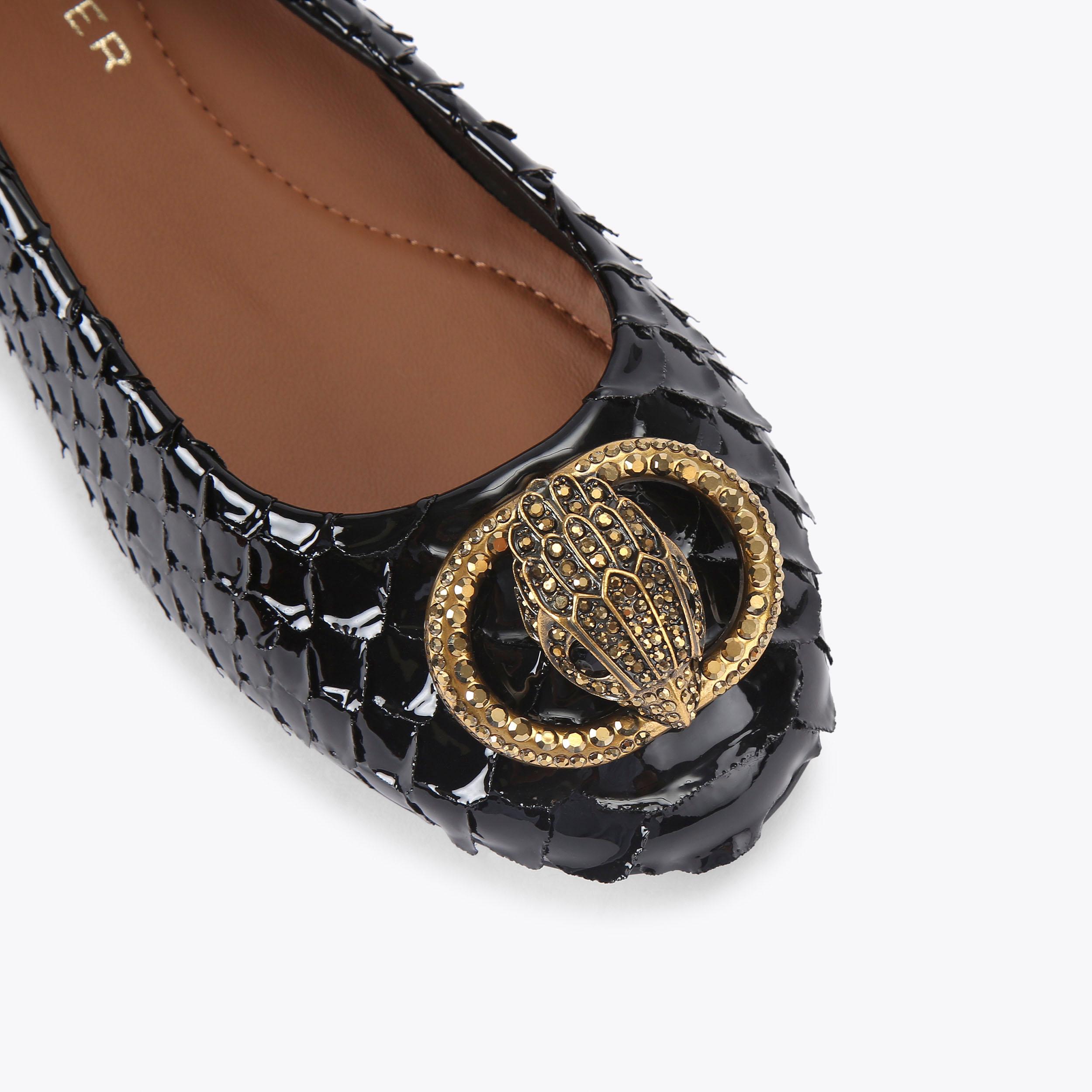 CHELSEA BALLERINA Black 3D Embossed Snake Print Flats by KURT GEIGER LONDON