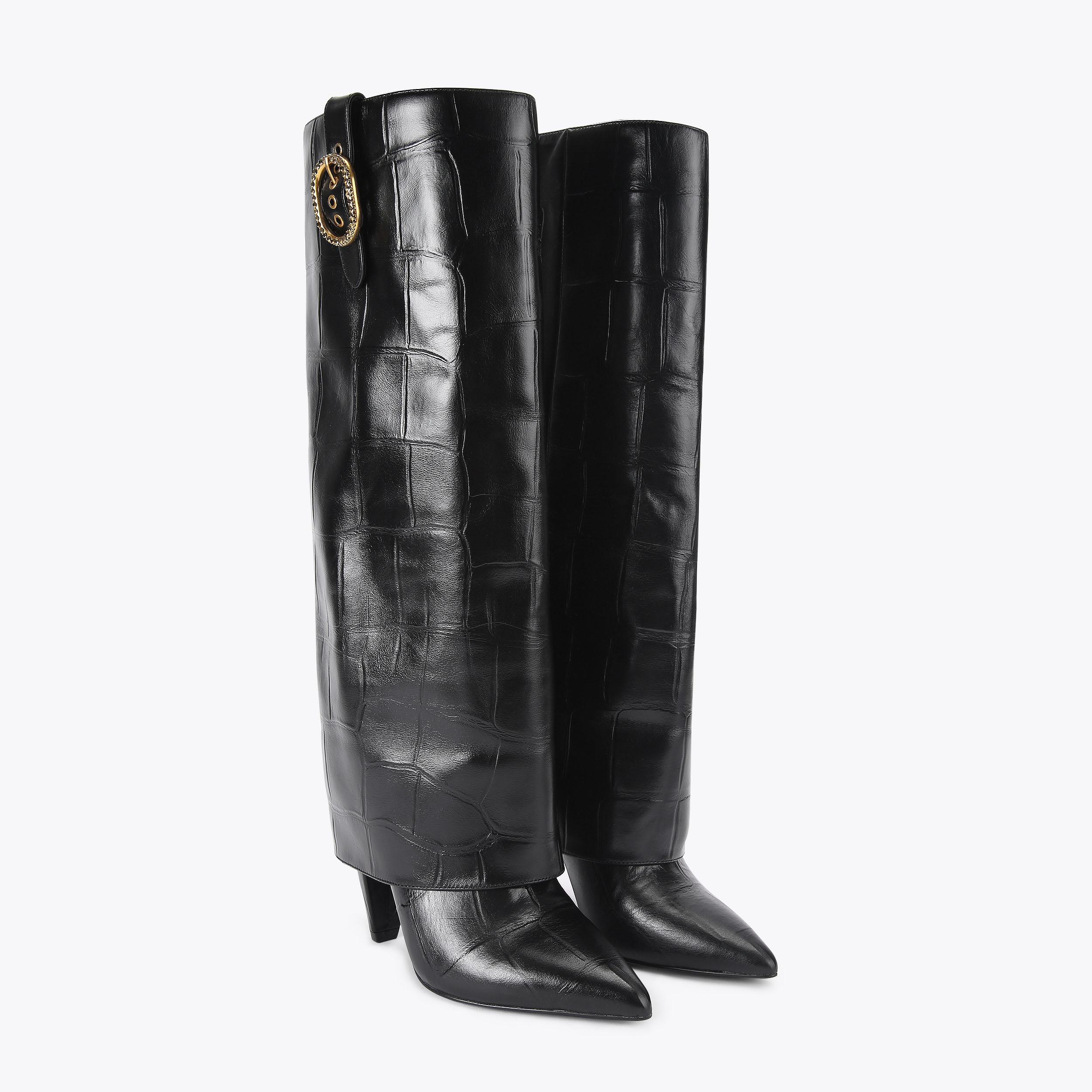 FOLD OVER TALL BOOT Black Croc Tall Boot by KURT GEIGER LONDON