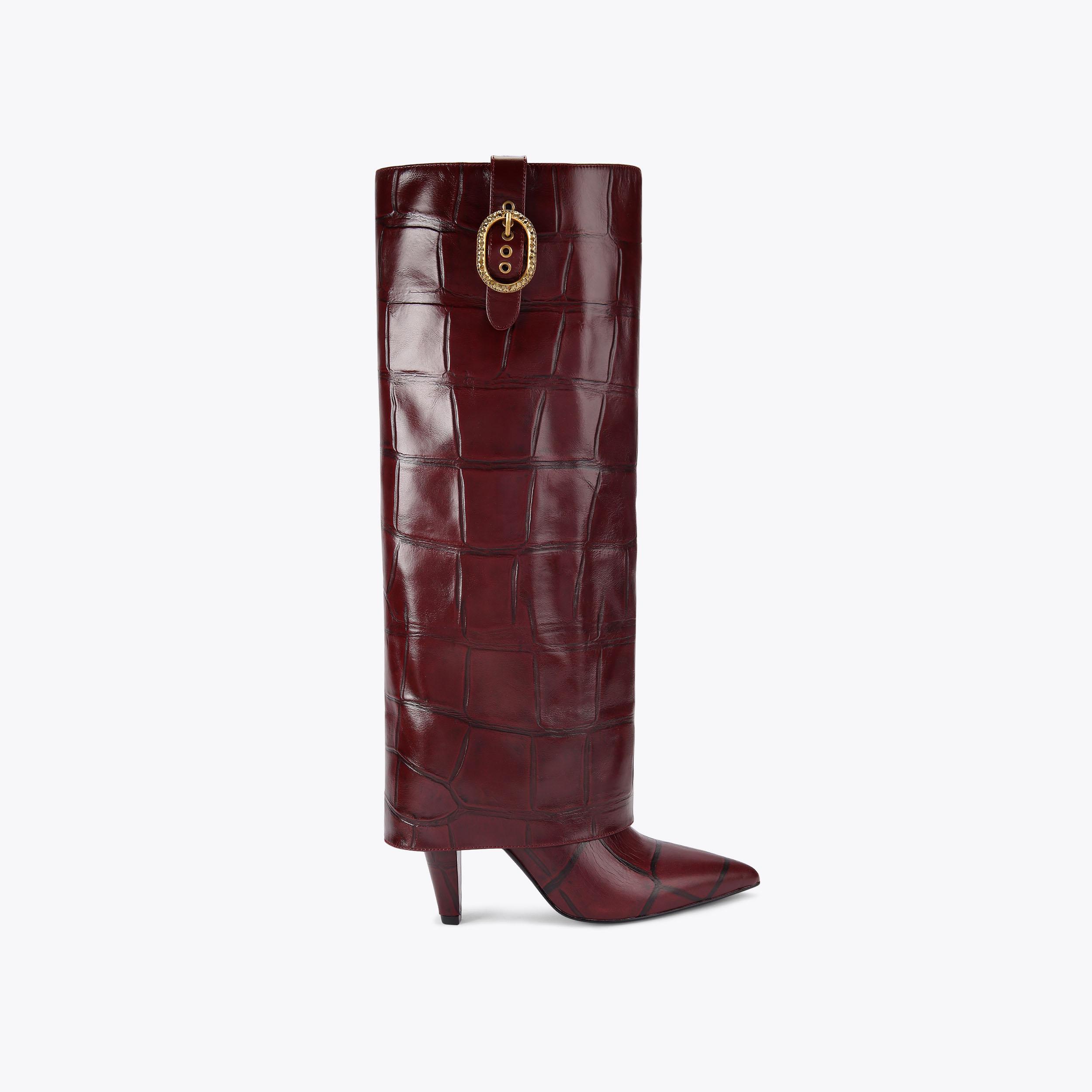 FOLD OVER TALL BOOT Wine Croc Knee High Boot by KURT GEIGER LONDON