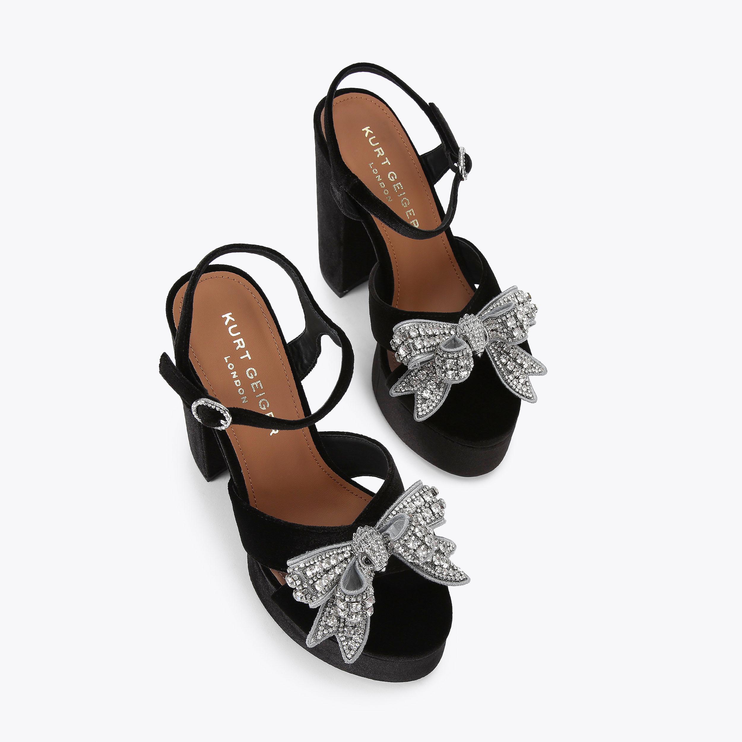 BOW PLATFORM SANDAL Black Velvet Platform Heel by KURT GEIGER LONDON