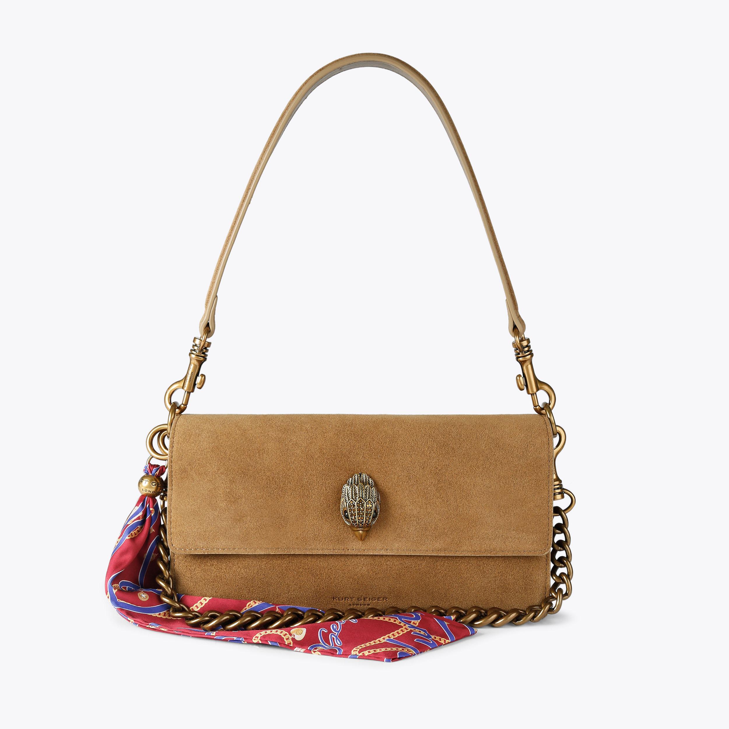 SLOANE SOFT SHOULDER Tan Suede Shoulder Bag by Kurt Geiger London