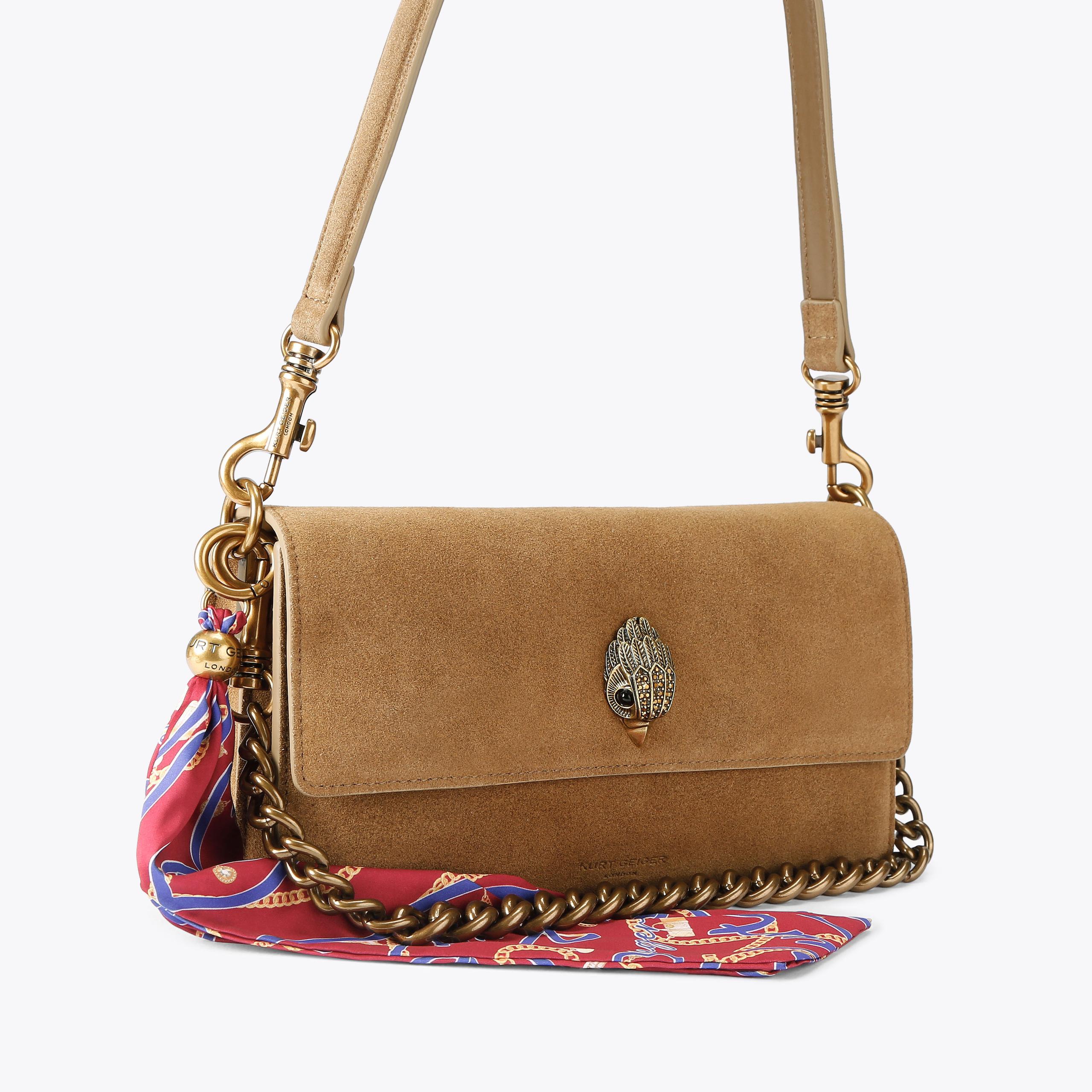 SLOANE SOFT SHOULDER Tan Suede Shoulder Bag by Kurt Geiger London
