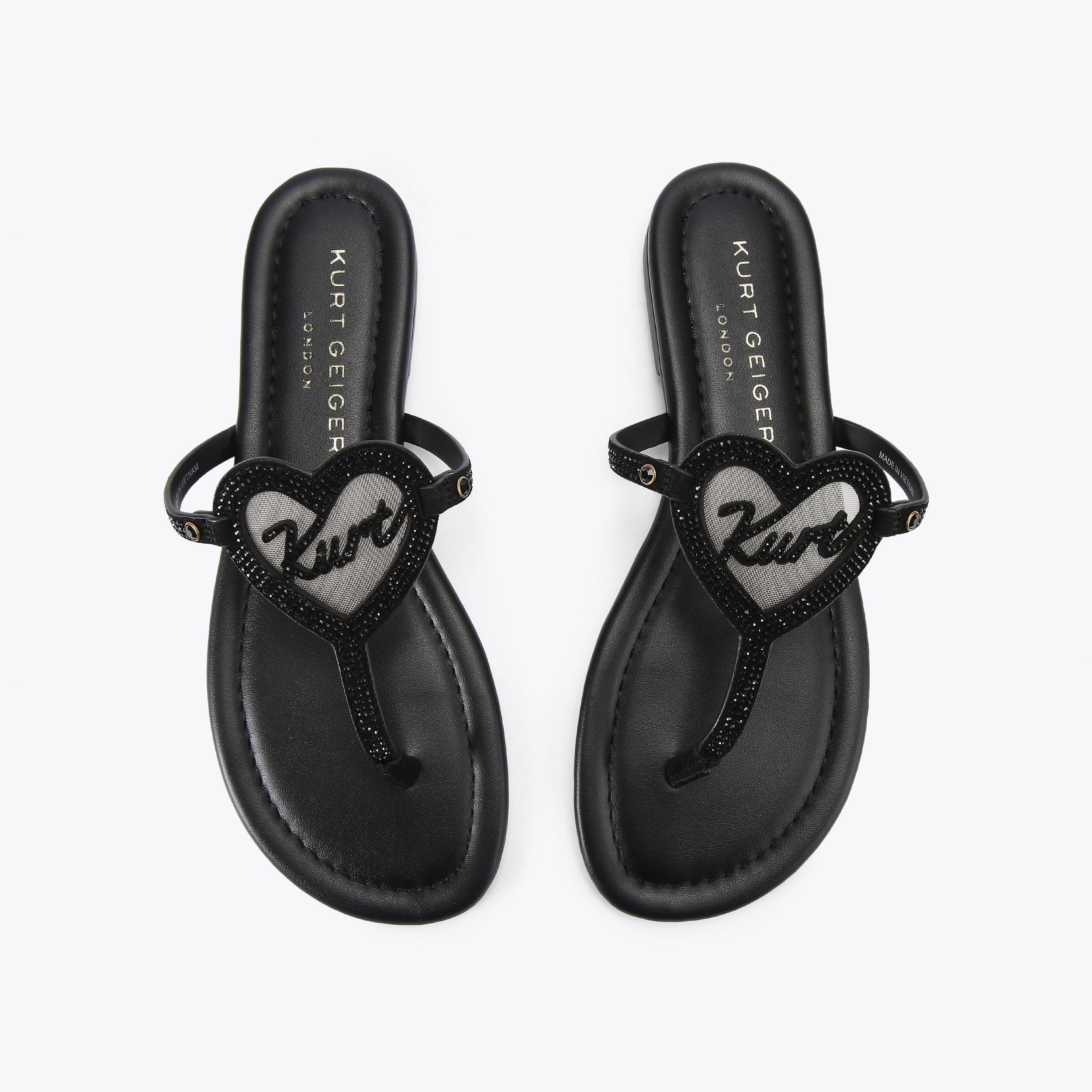 KURT HEART T BAR FLAT Black Suede Flat Sandal by Kurt Geiger London
