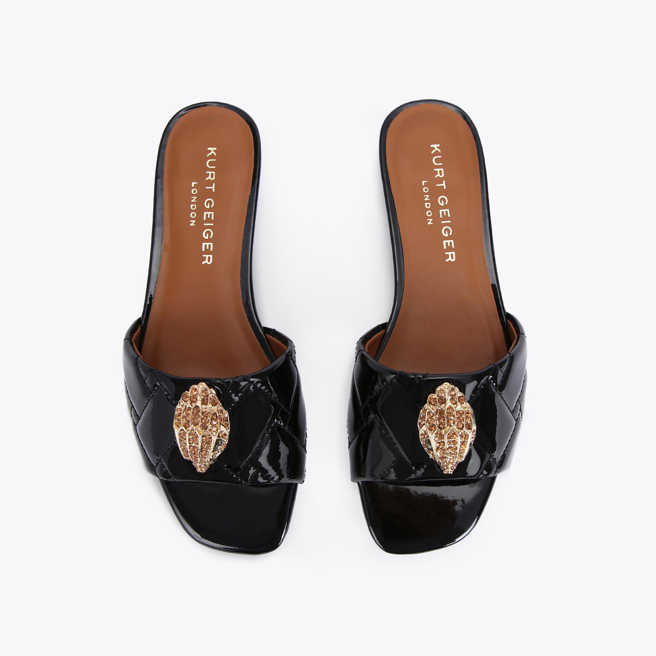 Kensington Flat Sandal Black Quilted Patent Leather Slider By Kurt Geiger London