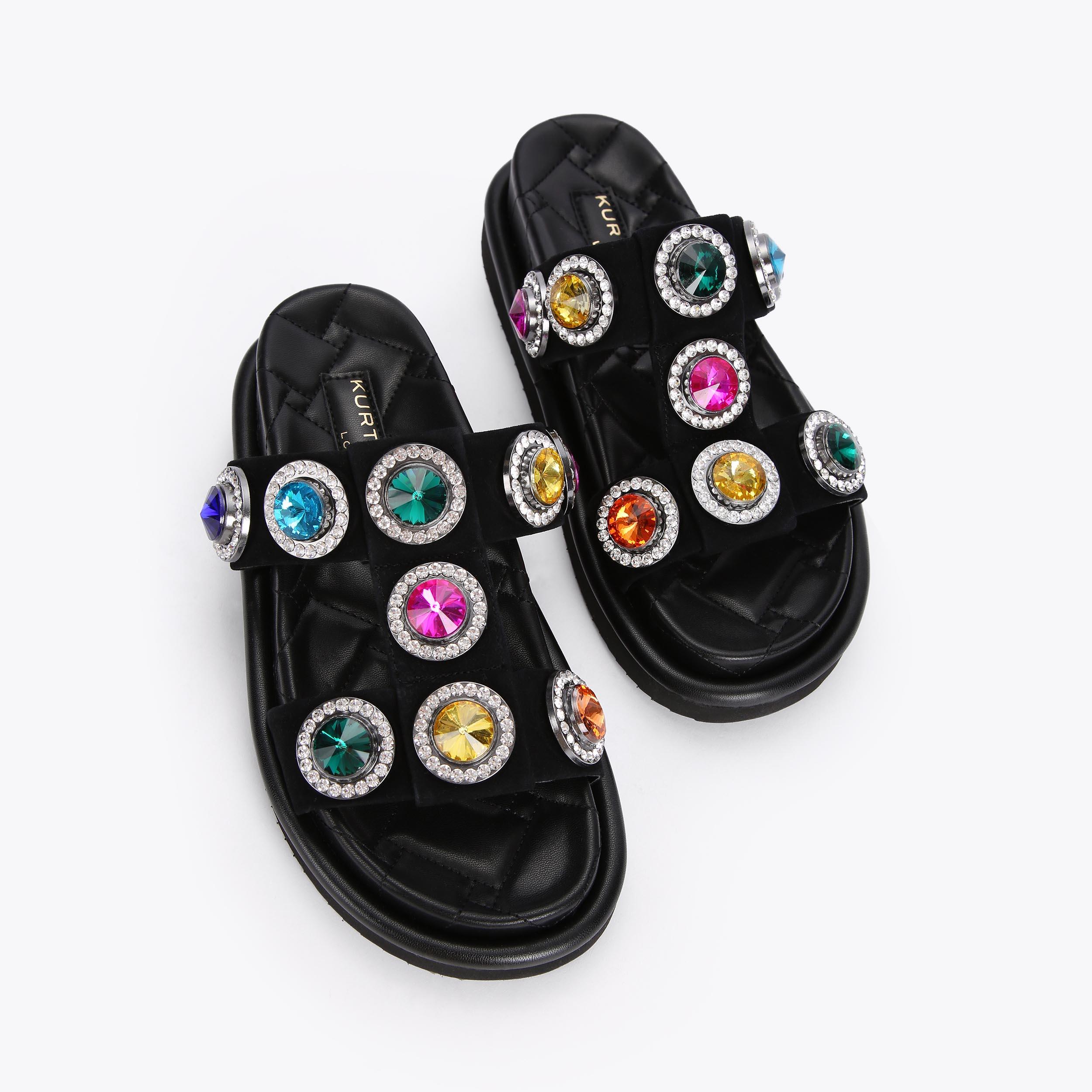 ORSON CRYSTAL SANDAL Black Suede Rainbow Crystal Caged Slip On Sandals ...