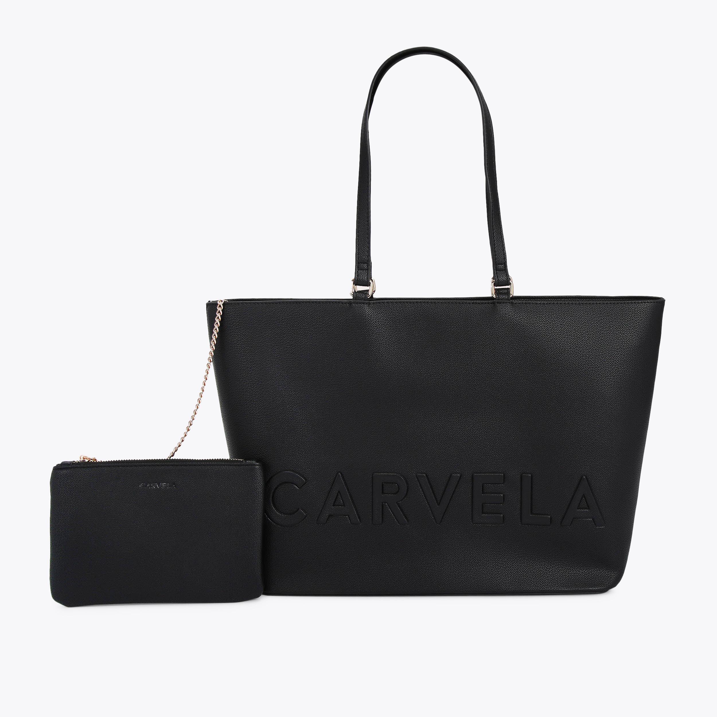 FRAME WINGED SHOPPER Black Embossed Textured Tote Bag by CARVELA