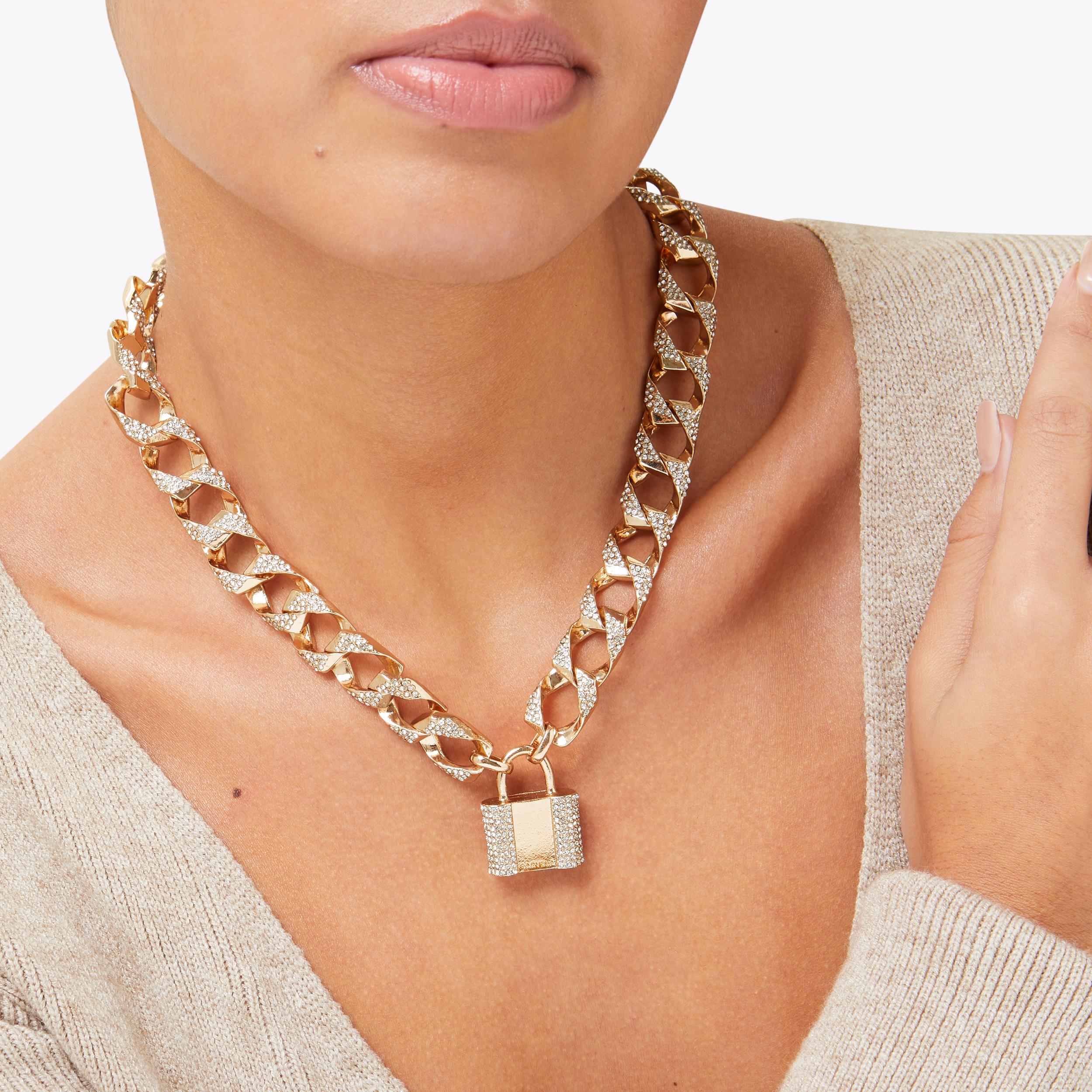 LOCK BLING NECKLACE Gold Tone Chain Crystal Necklace by CARVELA