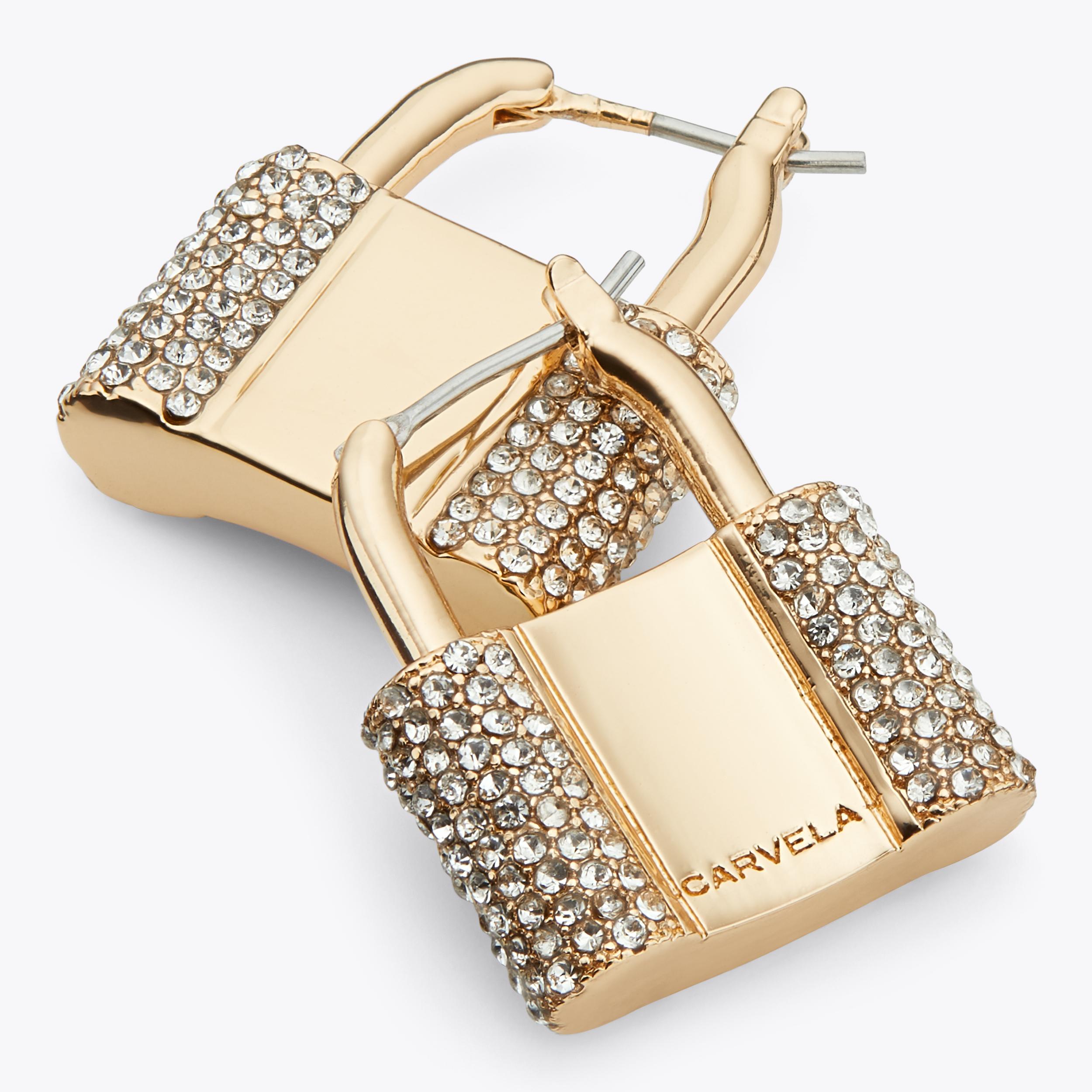 LOCK BLING EARRING Gold Crystal Padlock Hoop Earrings by CARVELA