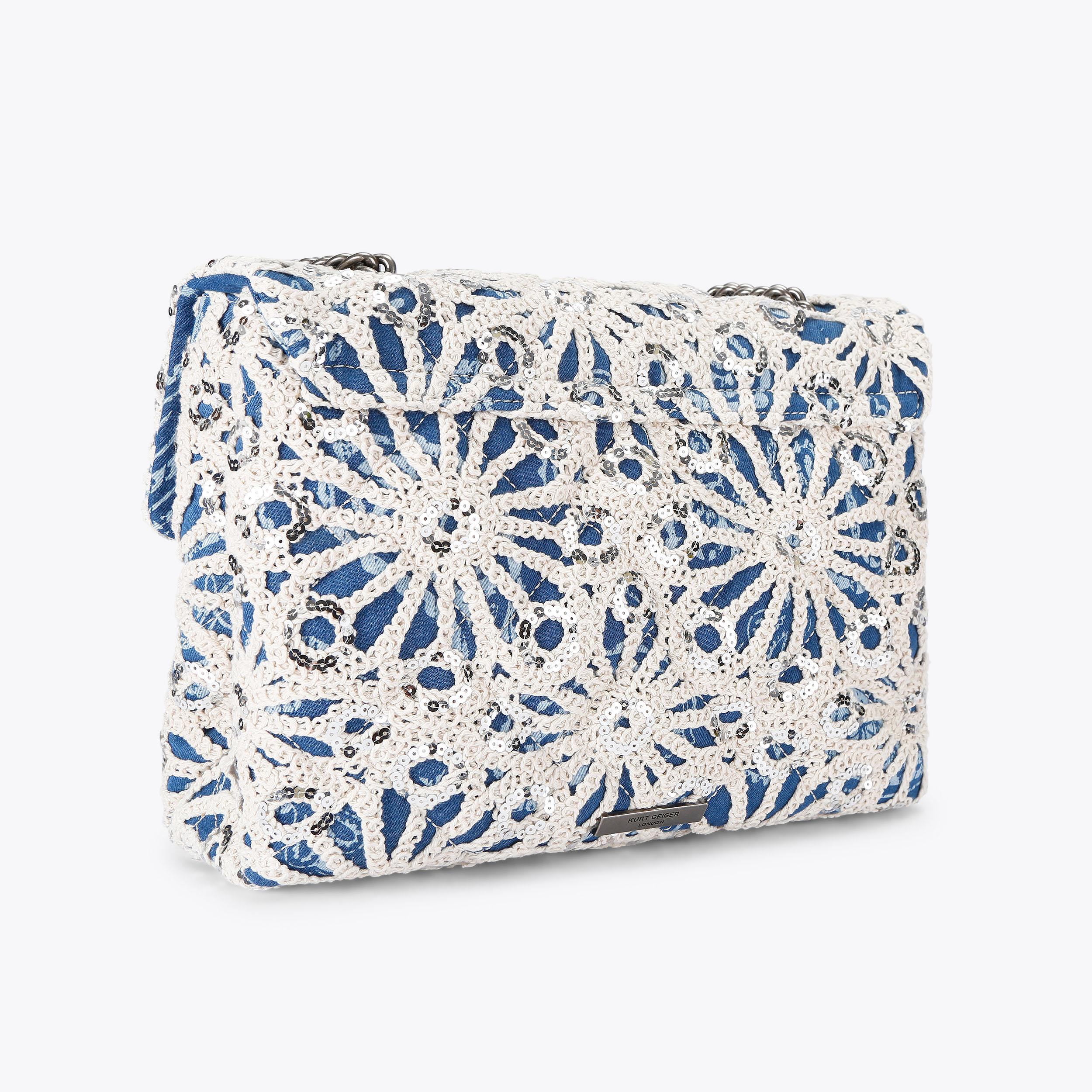 LARGE KENSINGTON SOFT Blue Denim Crochet Shoulder by KURT GEIGER LONDON