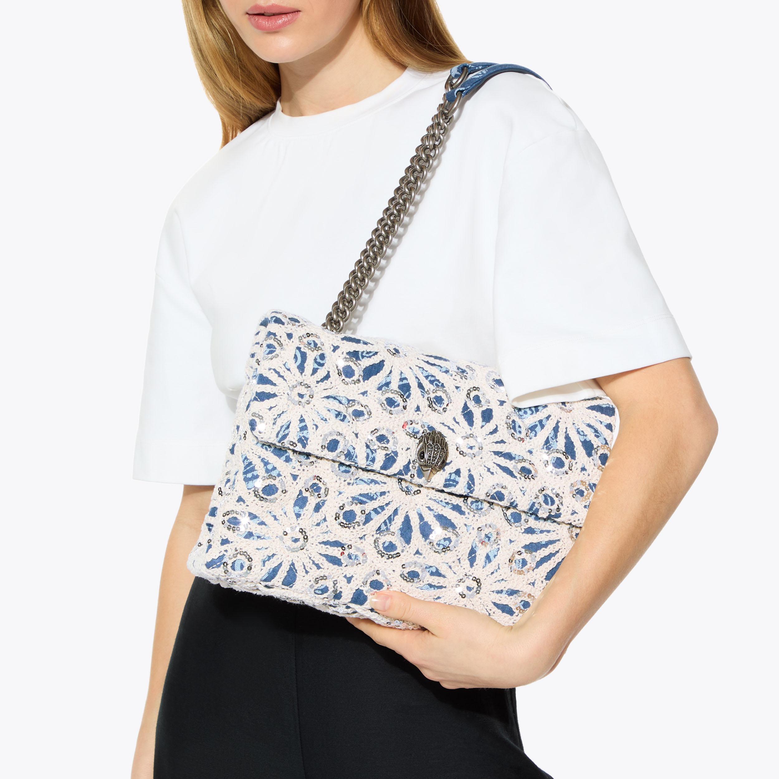LARGE KENSINGTON SOFT Blue Denim Crochet Shoulder by KURT GEIGER LONDON